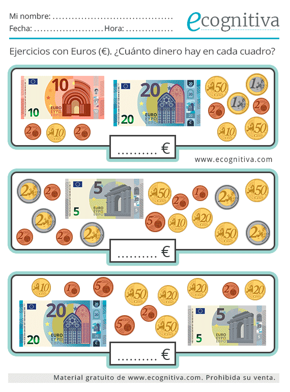 Ejercicios de manejo del dinero: euros - Estimulación cognitiva