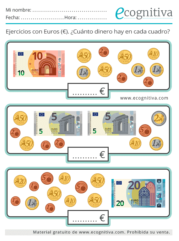 Ejercicios de manejo del dinero: euros - Estimulación cognitiva