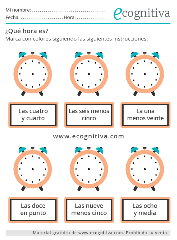 ¿Qué hora es? Ejercicios de orientación temporal con relojes ...