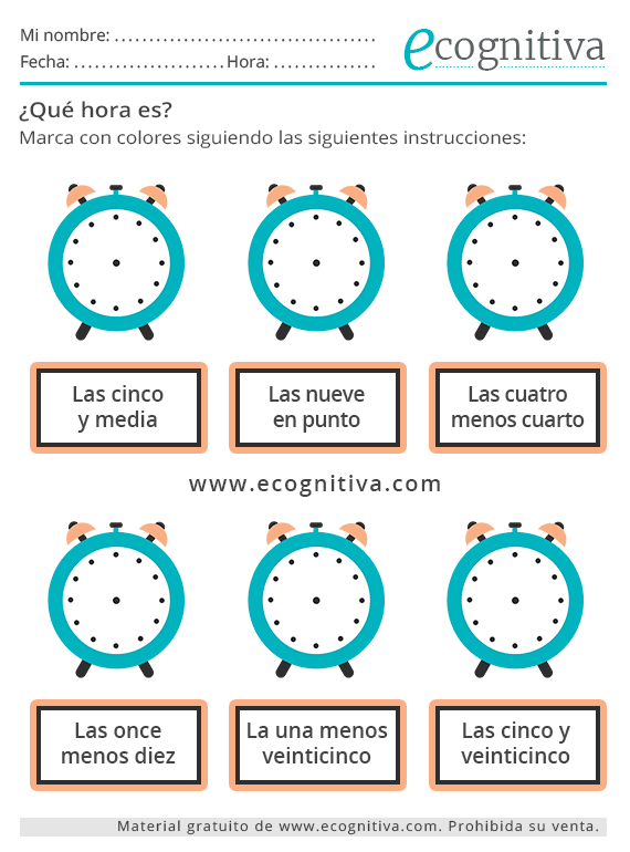 ¿Qué hora es? Ejercicios de orientación temporal con relojes ...