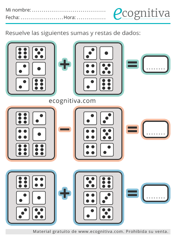 Ejercicios de cálculo con dados - Estimulación cognitiva